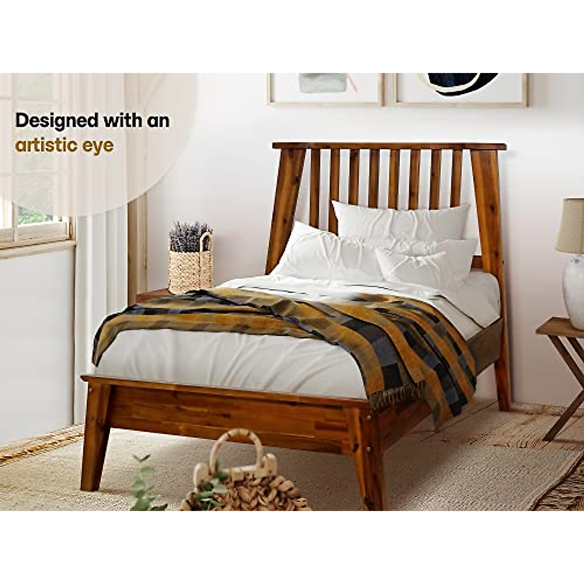 Acacia Kaylin Bed Frame with Headboard Solid Wood Platform Bed, Scandinavian Signature 45 inch High Headboard Wood Bed Compatible with All Mattress Types, 30 Mins Assembly, Twin Bed Frame, Caramel