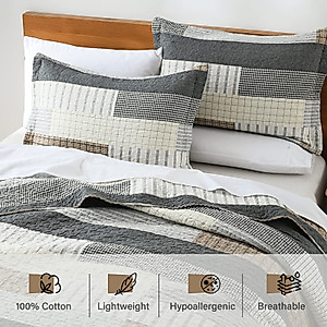 PERHOM Quilt Queen Size - 100% Cotton Farmhouse Rustic Queen Quilt Set, Cabin Bedding Set Bedspreads, Lodge Lightweight Patchwork Plaid Quilted Comforter for Queen Bed, Grey/Brown/Beige