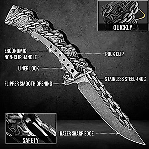 NEDFOSS Pocket Folding Knife with Personality, Hunting knife with Special Design Non-Slip Chains Pattern Handle, Cool Sharp Survival EDC knife, Pocket Knife Gifts for Men Women