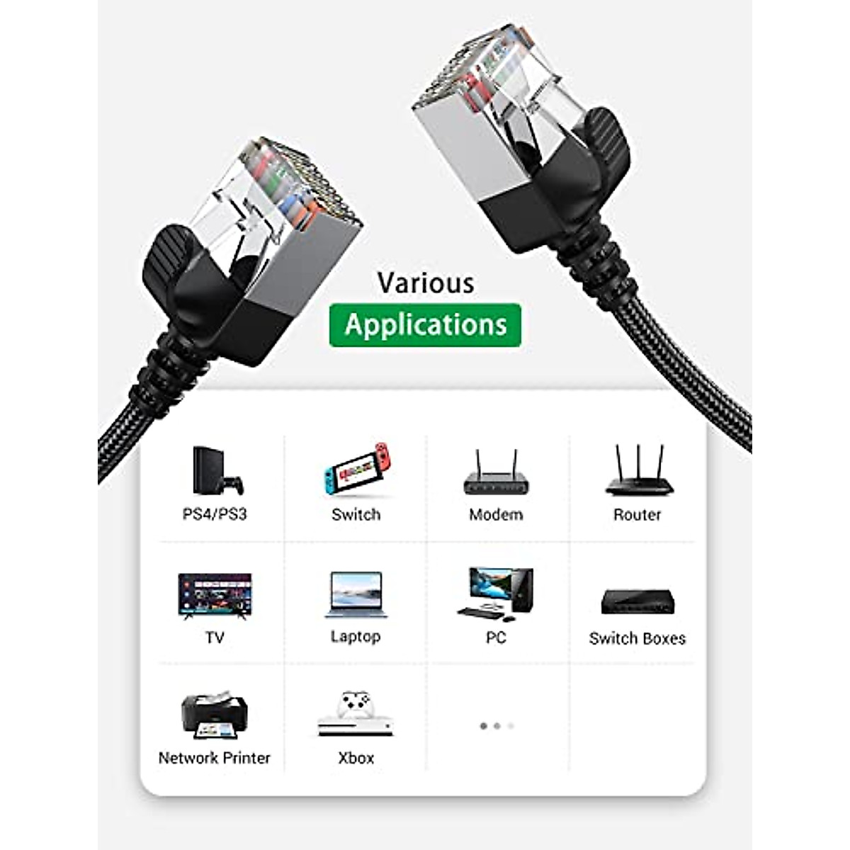 JUXINICE Ultra Thin CAT6a Ethernet Cable 1.5FT Short, Flexible and Light,Ultra Short Crystal Head is Easy to Bend Right Angle, 10Gigabit/Sec Network/High Speed Internet Cable in Nylon Black