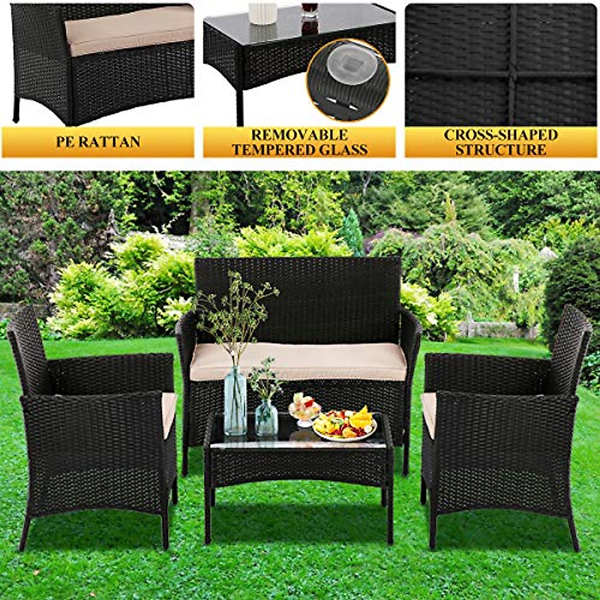 4 Pieces Rattan Furniture, Wicker Conversation Set Patio Set Outdoor Patio Furniture Sets Poolside Lawn Chairs Garden Furniture for Outdoor Balcony Poolside Porch, Black