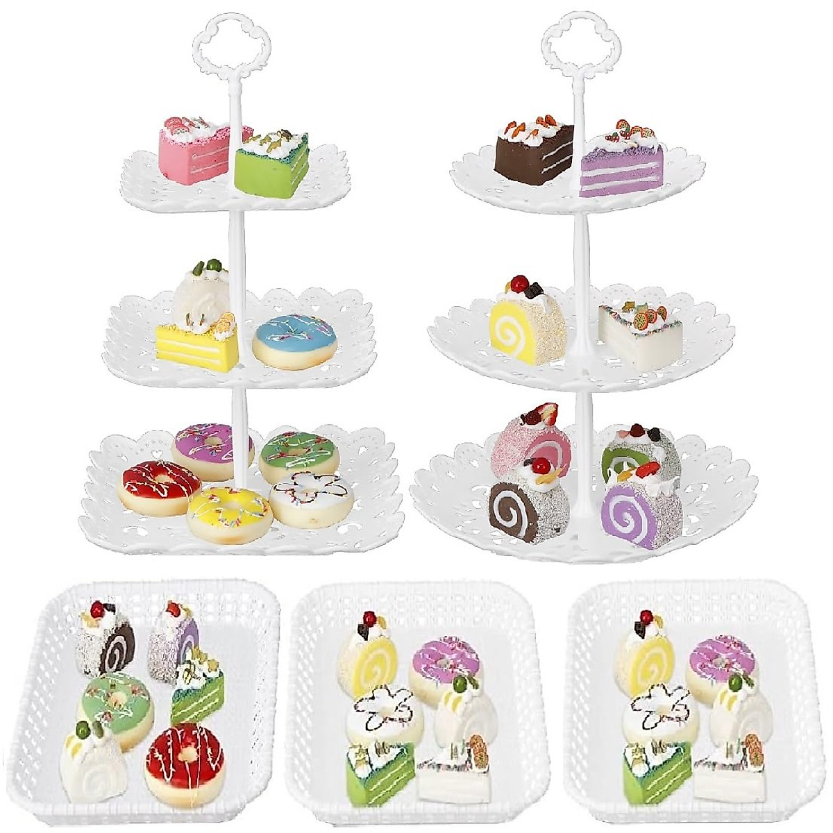 Set of 5 Dessert Stand Set, 3 Tiers White Plastic Cupcake Stand Holder & Rectangle Plastic Party Serving Trays/Platters for Wedding Birthday Baby Shower Tea Party Buffet (Rectangular)
