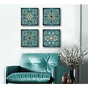 Bathroom art Bedroom decor Canvas wall art Floral pattern Print Bathroom abstract picture Teal bathroom accessories Wall decor Framed artwork Wall art hanging on Living room office 14"x14"x4 Panels
