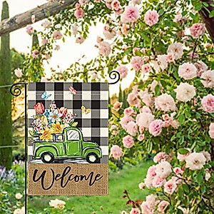 AVOIN colorlife Welcome Spring Floral Garden Flag 12x18 Inch Double Sided Outside, Buffalo Plaid Truck Flower Seasonal Yard Outdoor Flag