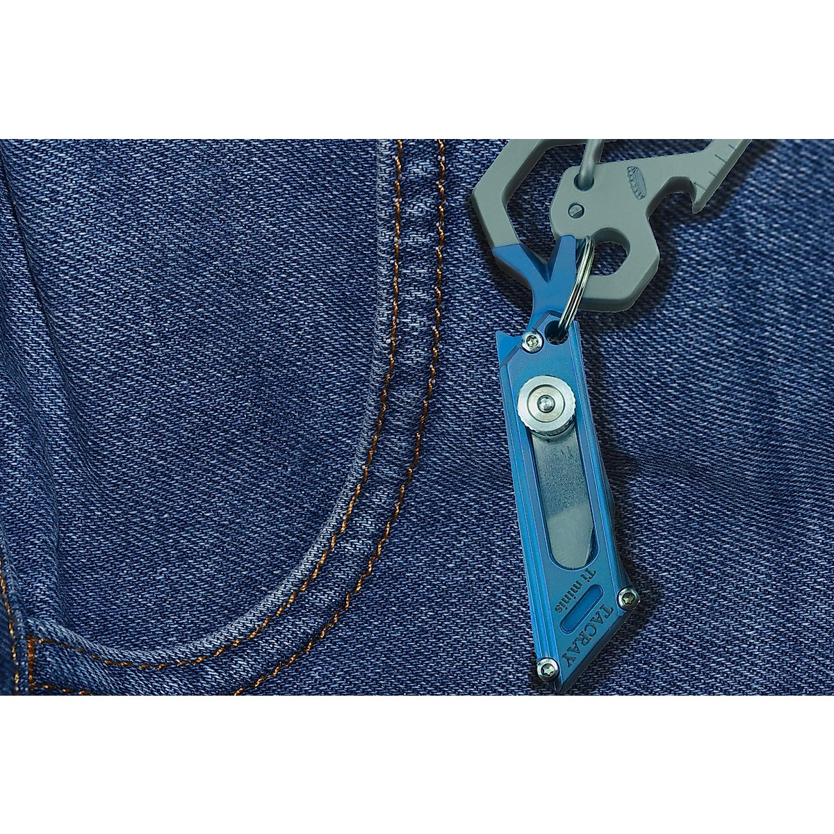 Tacray Titanium EDC Utility Knife with a bottle opener and in the tail, Pocket Knife Box Cutter with Retractable and Replaceable Blade, Mini Knife for Multiple Cutting Tasks（Blue)