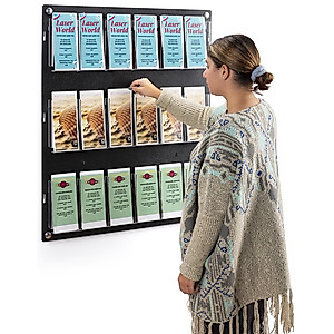 Displays2go Wall Mount Acrylic Brochure Holder, 9-18 Adjustable Pockets, Tiered Design - Black (2RP9BLK)