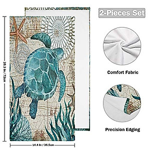 Pfrewn Sea Turtle Starfish Retro Map Hand Towels Set of 2 Underwater Tropical Ocean Bathroom Towel 16x30 in Soft Absorbent Guest Bath Towel Kitchen Dish Towel Spa Home Bathroom Decorations