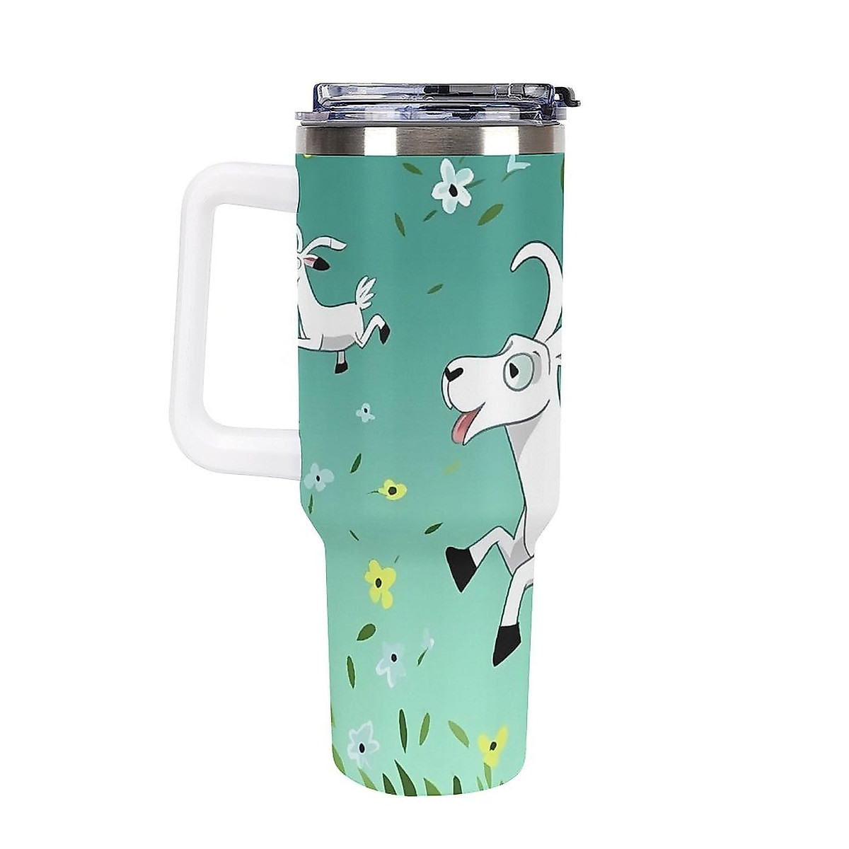 DWVSFJM Goat Frolic Insulated Tumbler 40 Oz Stainless Steel Double Wall Vacuum Travel Mug Large Capacity Car Cup Reusable Coffee Cup with Handle And Straw Lid Gifts White