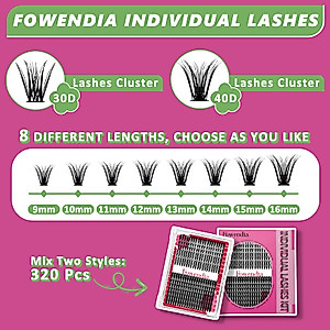 DIY Lash Extension Kit Lash Clusters 320Pcs Fowendia Individual Lashes Cluster Lash Glue Bond and Seal Remover Eyelash Brush with Tweezers for Eyelash Extensions Single Lashes Kit(30D+40D-D-9-16MM)