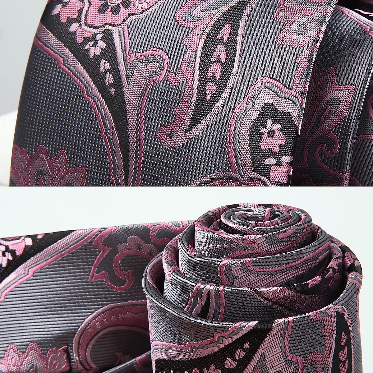 HISDERN Paisley Tie for Men Classic Extra Long Pink Ties and Pocket Square Formal Necktie with Handkerchief for Big and Tall Men Wedding