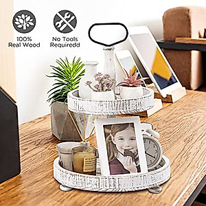 Farmhouse Two Tiered Wooden Tray Stand, UBTKEY 2 Tier Wood Round Decorative Tray with Metal Handle for Home Kitchen Seasonal Holiday Decorations, 17"x13" (Distressed White)