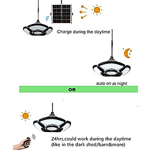 HULPPRE Solar Shed Light Daytime or Night 4+1 Leaves 136Leds Brighter Solar Light Indoor&Outdoor with Remote,IP65 Barn/Chicken Coop/Workshop/Ceiling/Pendant Light for Patio,Garden,Yard,Gazebo