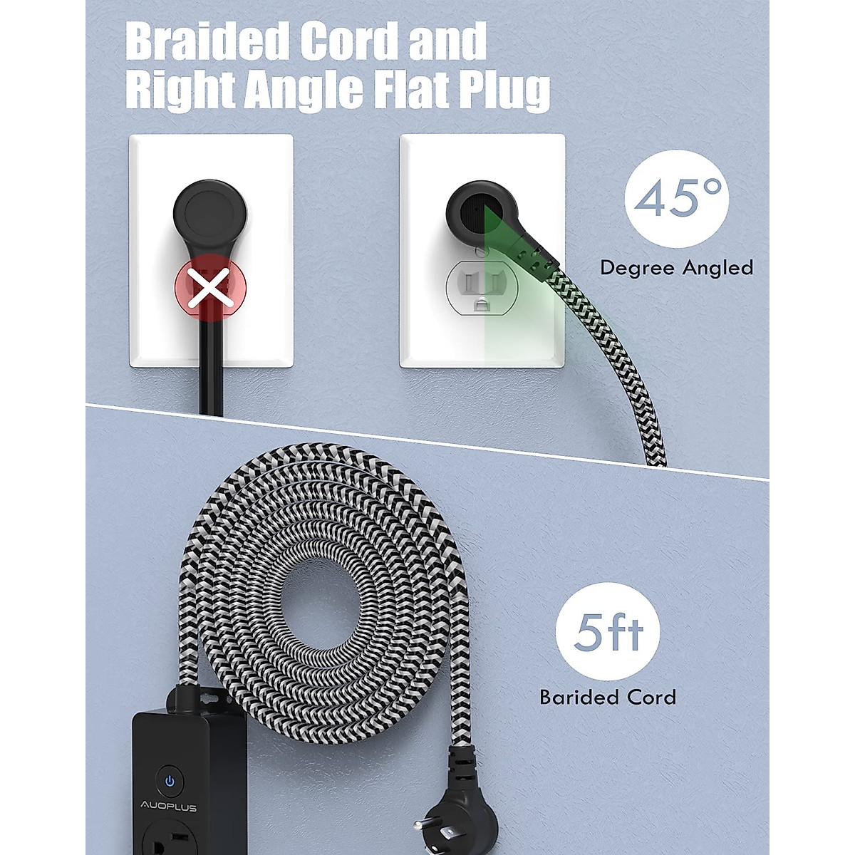 Surge Protector Power Strip with USB C Ports, 5 Outlets 3 USB Ports(1 USB C), 5FT Braided Extension Cord with Multiple Outlets, Mountable Power Strips Flat Plug for Home, Office, Dorm