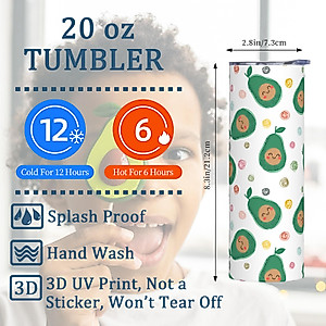 Srucddu 20oz Cute Avocado Insulated Tumbler With Lid and Straw, 3D Print Vacuum Travel Mug Stainless Steel Coffee Cup for Women Girl Gifts