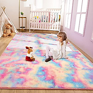 Rtizon Soft Rugs for Girls Bedroom, 5x8 Feet Shaggy Fluffy Rainbow Area Rug for Kids Playroom Living Room Dorm, Kawaii Tie-Dye Princess Rug for Kids Toddler
