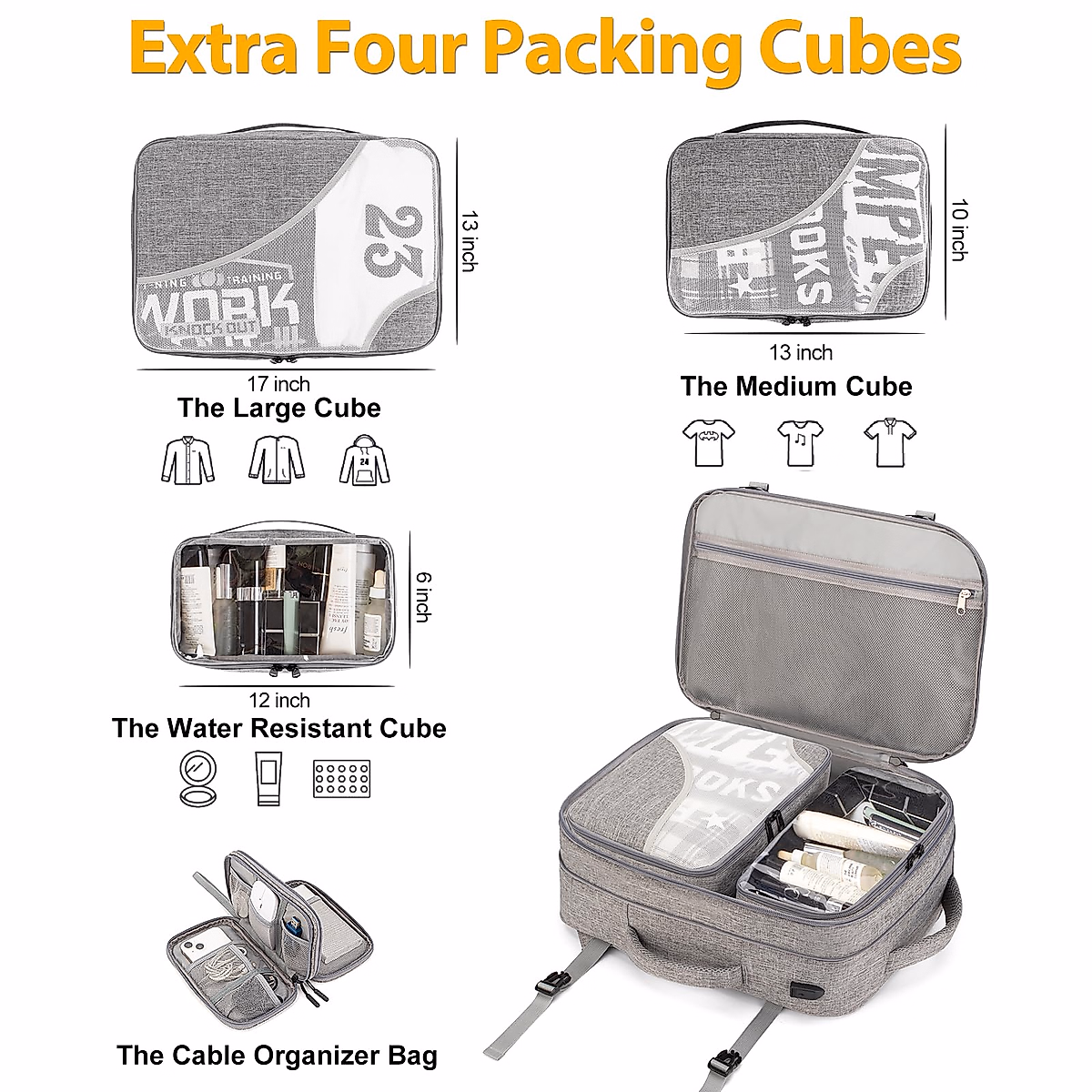 BAGODI Carry On Backpack for Men Women,42L Flight Approved Travel Backpack with 4 Packing cubes,Expandable Water-resistant 17Inch Laptop Backpack,Casual Daypack Businless Weekend Hiking