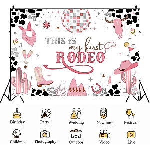West Cowgirl Theme Birthday Party Background Wild West Party Supplies This is My First Rodeo Banner Girl Birthday Party Cow Print Pink Cactus Western Girls Party Decoration Supplies (7X5FT)