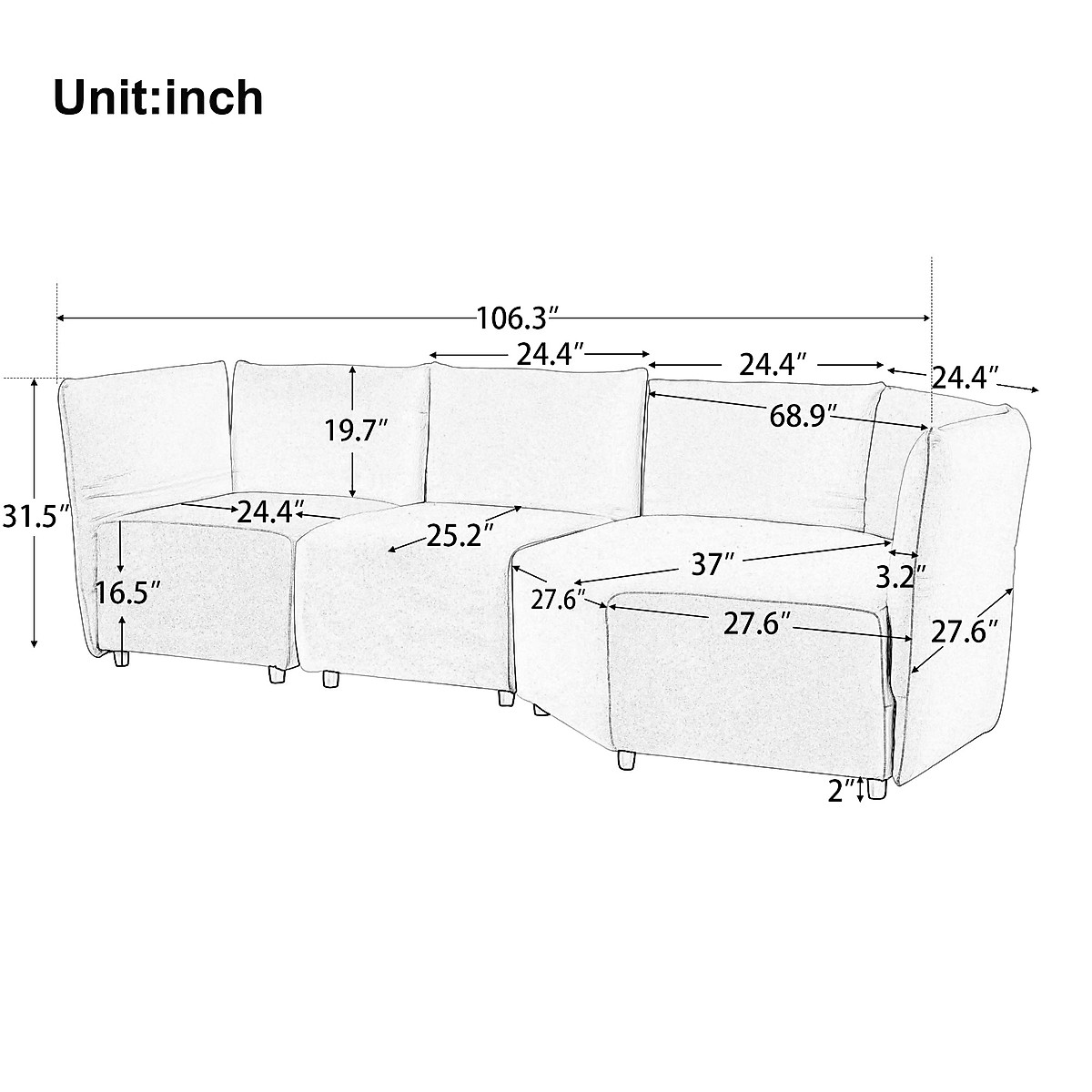 Verfur 106.3" Free Combination Curved Adjustable Backrest, 4-Seater Modular Sectional, Confy Upholstery Convertible Corner Sofa & Couches for Living Room, Office, Apartment, Orange
