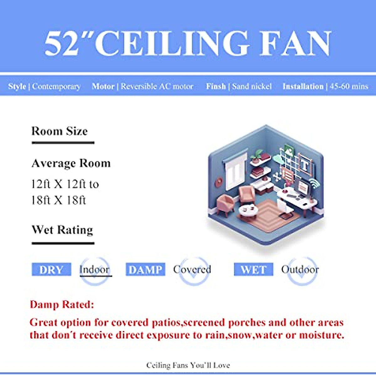 EKIZNSN 3 Blade Wood Ceiling Fans with Lights, 50'' Outdoor Indoor Ceiling Fan for Bedroom/Farmhouse/Patios, 3 Downrod Included