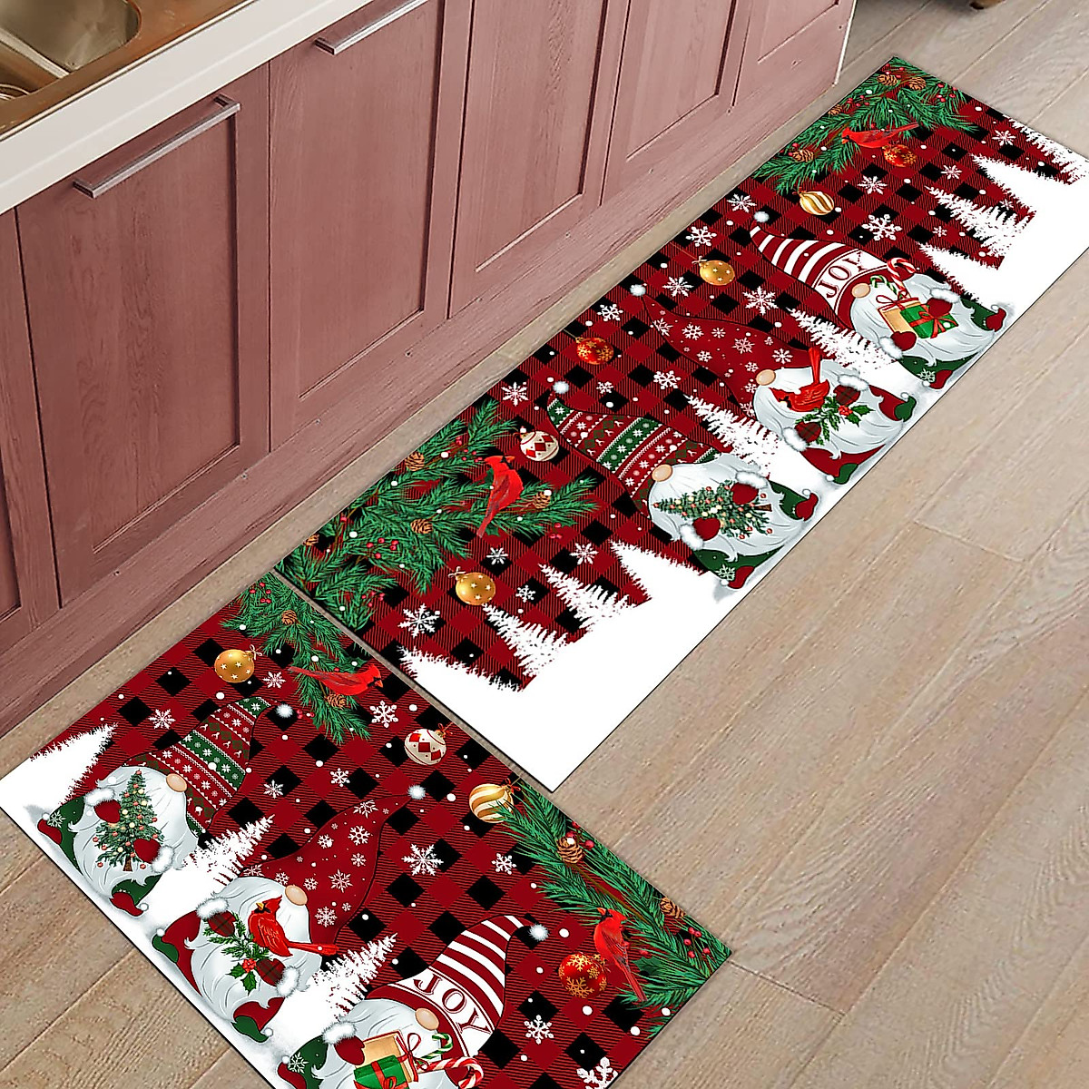 Christmas Gnome Kitchen Rugs and Mats Set of 2 Snowflake Red and Black Buffalo Plaid Xmas Kitchen Mat,Non-Slip Area Runner Rug,Washable Floor Mat for Home Dining Room Office 16x24in+16x47in