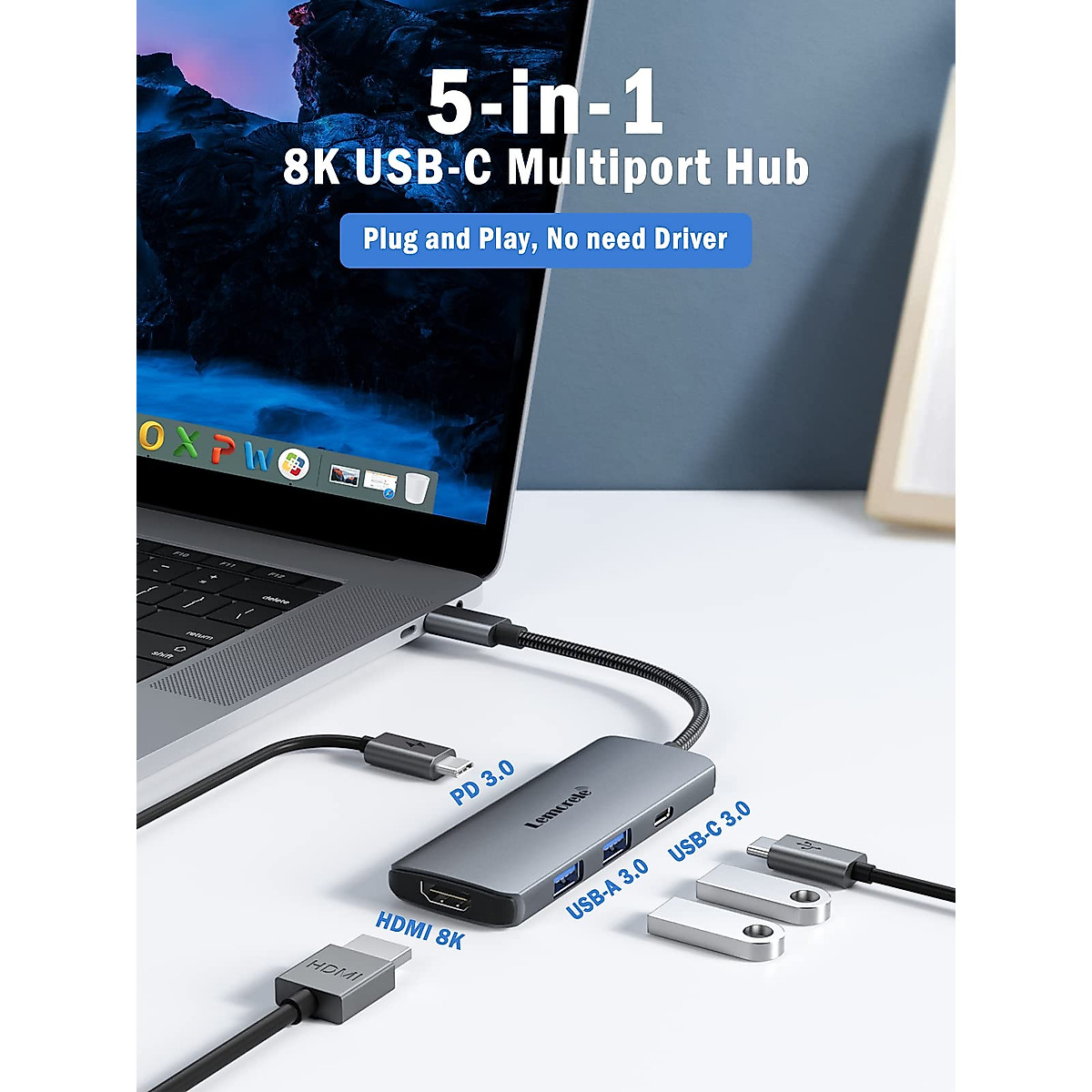 USB C Hub 4K 120Hz, Lemorele USB-C Multiport Adapter 5-in-1 w/HDMI 8K@30Hz, 100W PD, 2 USB 3.0, USB C 3.0 Data Port for MacBook Pro/Air M1, iPad Pro/Air M1/Mini, Surface Pro, XPS, Game Devices