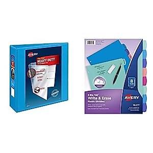 Avery Heavy-Duty View 3 Ring Binder, 3" One Touch Slant Rings, Holds 8.5" x 11" Paper, 1 Light Blue Binder & Durable Plastic 8-Tab Write & Erase Big Tab Dividers for 3 Ring Binders, Pastel Brights