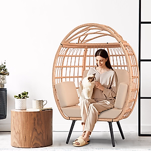 ZENPETIO Wicker Egg Chair, Oversized Indoor Outdoor Lounger with 4 UV Resistant Cushions, Storage Bag, All-Weather Wicker Egg Lounger Chair for Patio, Backyard, Living Room, 370lbs Capacity - Brown