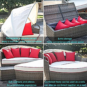 LOKATSE HOME Patio Round Daybed with Retractable Canopy Outdoor Wicker Rattan Furniture Sofa All-Weather Separated Seating with Washable, Beige with red Cushions