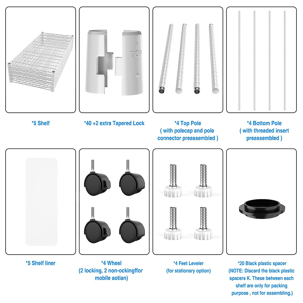 5 Tier NSF Metal Shelf Wire Shelving Unit, 60" H x 30" L x 14" D - 750lbs Capacity Heavy Duty Adjustable Storage Rack with Wheels & Shelf Liners for Closet Kitchen Garage Basement and More - White