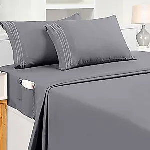 Utopia Bedding California King Sheet Set – Soft Microfiber 4 Piece Luxury Bed Sheets with Deep Pockets - Embroidered Pillow Cases - Side Storage Pocket Fitted Sheet - Flat Sheet (Grey)