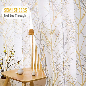 FMFUNCTEX Print Yellow Grey White Curtains for Living Room Linen Textured Tree Branches Pattern Window Treatment Set for Bedroom Window Drapes 50" W x 96" L - (2 Panels) Rod Pocket