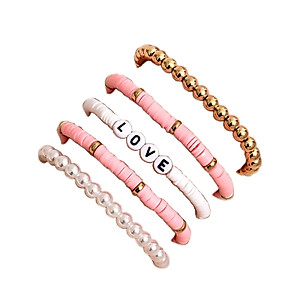 Fuqimanman2020 5 Pcs Bohemian Colorful Clay Beaded Stackable Bracelets Set Handmade Polymer Clay Faux Pearl Beads Love Bracelets for Women Jewelry(B)
