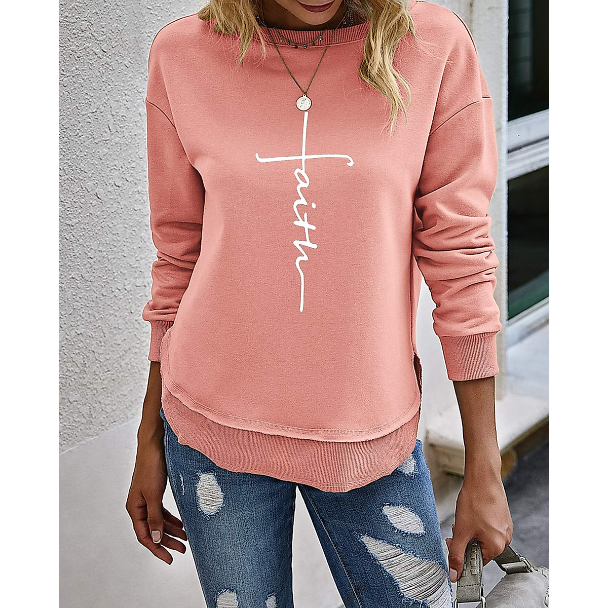 Mansy Womens Cross Letter Printed Crewneck Sweatshirts Casual Funny Graphic Side Split Pullover Shirts Tops (Pink, XX-Large)