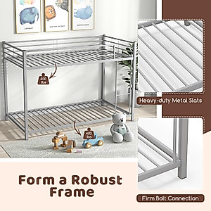 Giantex Twin Over Twin Metal Bunk Beds, Heavy Duty Bed Frame with Safety Guard Rail & Ladder, Low Floor Bunk Bed for Boys Girls Adults Dormitory Bedroom, Noise Free, No Box Spring Needed (Silver)