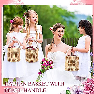 Set of 2 Wicker Wedding Flower Girl Baskets Pearl Wicker Rattan Flower Basket Handwoven Easter Basket Wicker Basket with Handle Straw Beach Bags Purse Wicker Tote for Candy Garden Home, 5.9 x 5.5 Inch