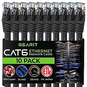 GearIT Cat 6 Ethernet Cable 3 ft (10-Pack) - Cat6 Patch Cable, Cat 6 Patch Cable, Cat6 Cable, Cat 6 Cable, Cat6 Ethernet Cable, Network Cable, Internet Cable - Black 3 Feet