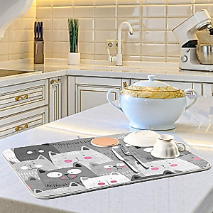 Moudou Cat Dish Drying Mat Absorbent Heat Resistant Reversible Dish Mat for Kitchen Countertops Sinks, 16 x 18 Inch
