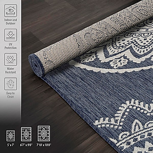CAMILSON Outdoor Rug - Modern Area Rugs for Indoor and Outdoor patios, Kitchen and Hallway mats - Washable Outside Carpet (5x7, Medallion - Blue/White)