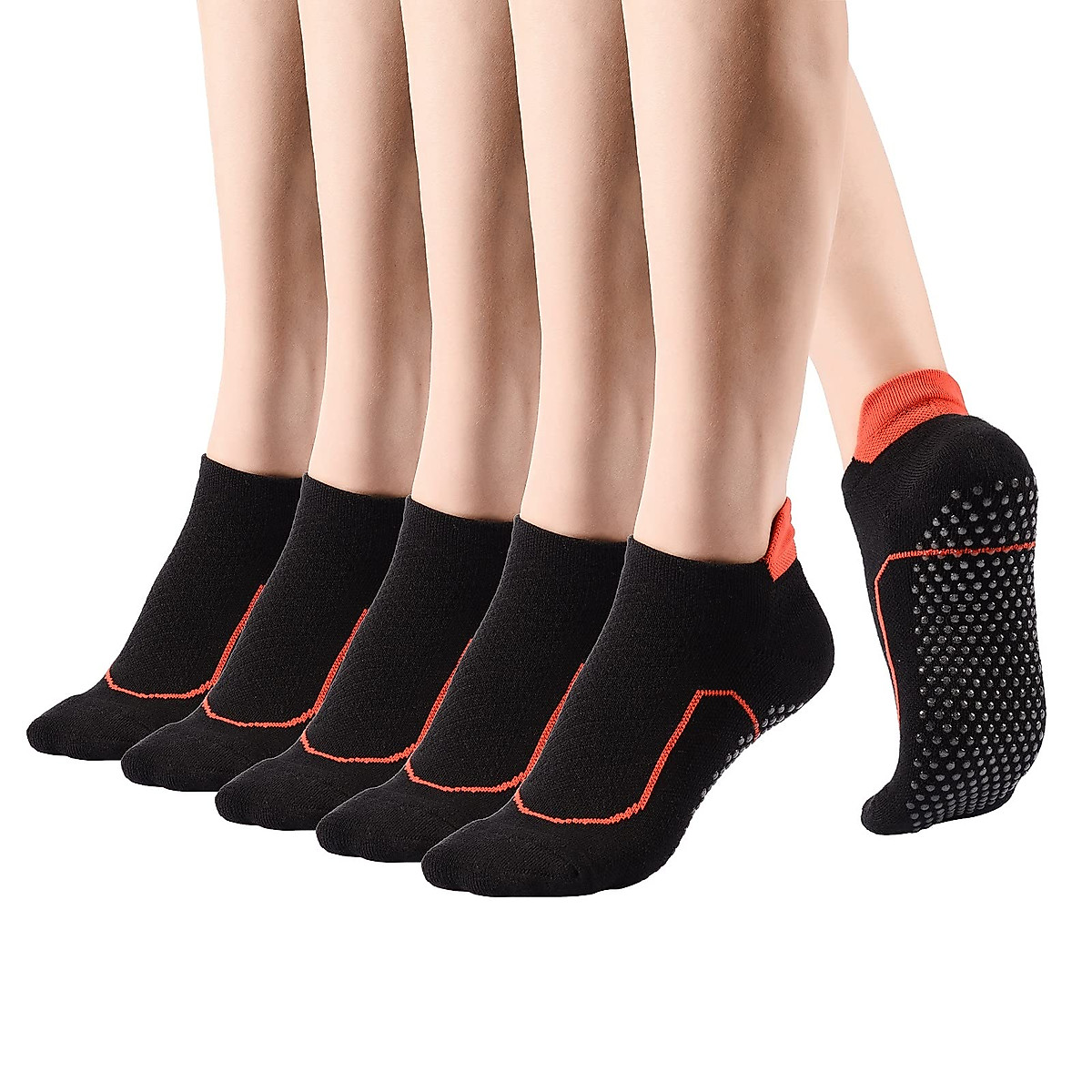 Teebulen Women's 5 Pairs Black Padded Anti Slip Odor Resistant Grips Compression Low Cut Yoga Barre Pilate Socks,Size 4-9