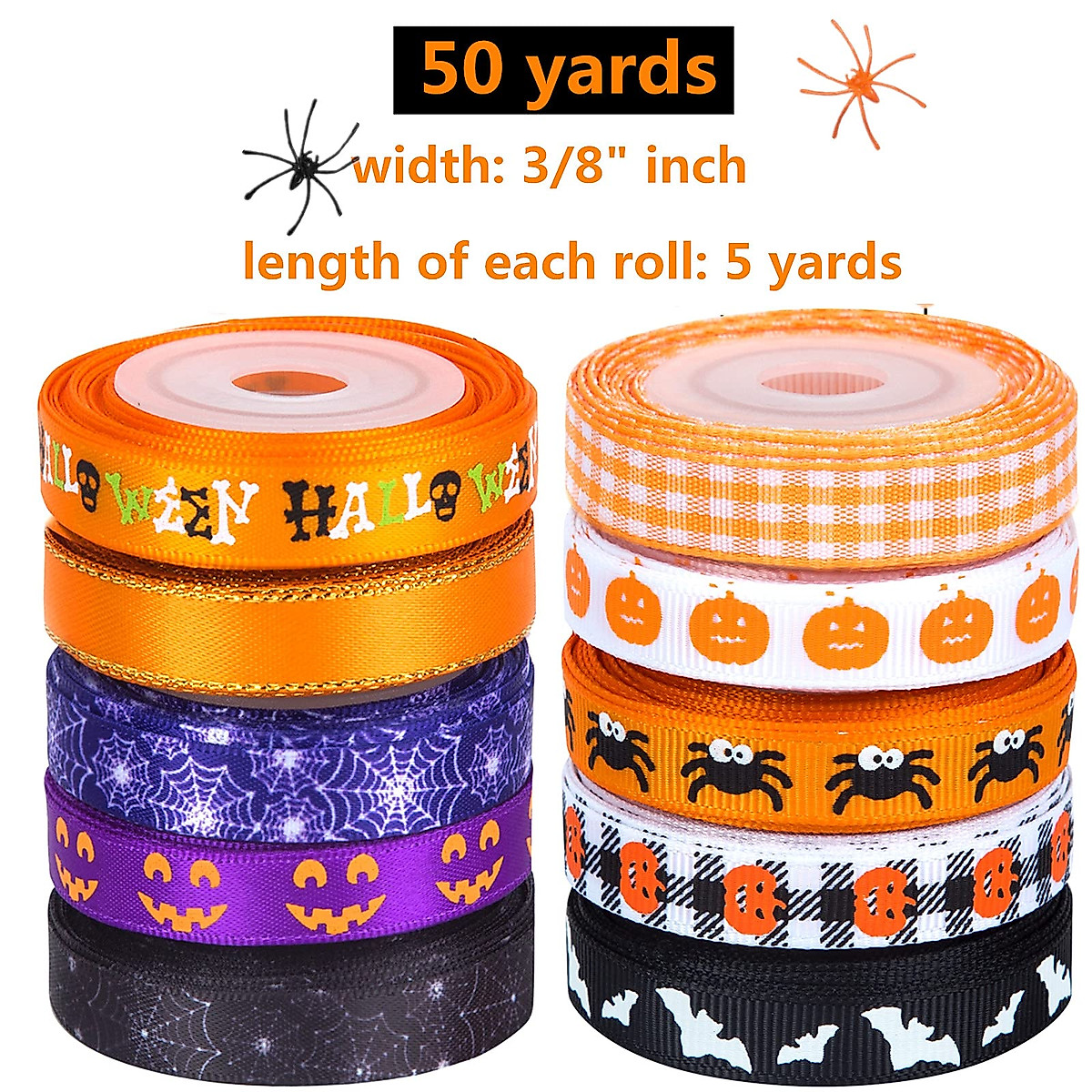 3/8" Halloween Ribbon for Gift Wrapping (10rolls, 50yds), Orange Ribbons for Crafts Wreaths with Spider Web Pumpkin Bat, Ribbon for Hair Bows Halloween Party Home Decor
