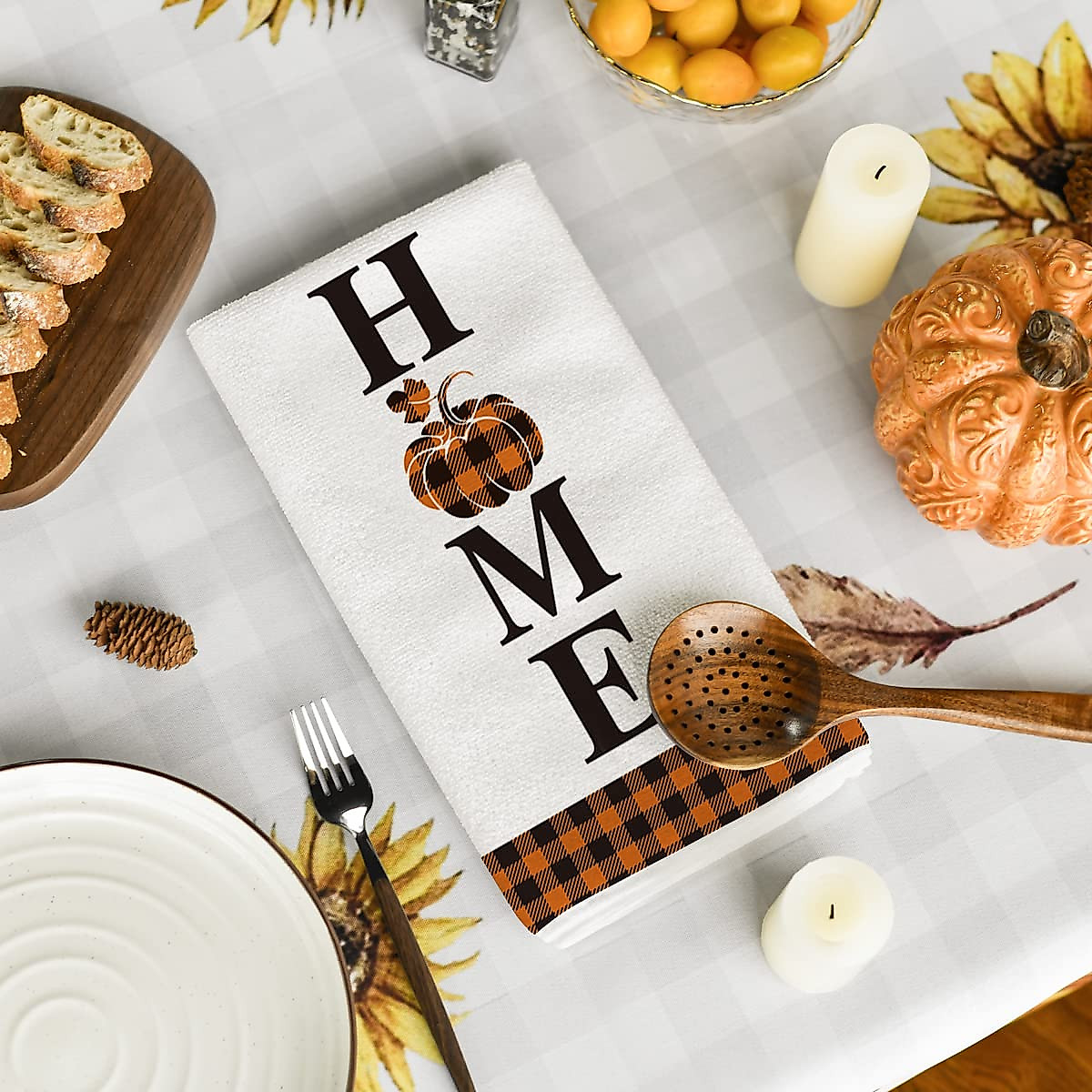 Artoid Mode Buffalo Plaid Edge Fall Leaves Pumpkin Home Kitchen Towels, 18 x 26 Inch Coffee Tea Bar Hand Towels Bathroom Gift Ultra Absorbent Set of 2