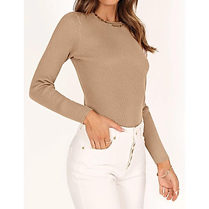 ZESICA Women's Long Sleeve Crewneck Shirts Spring Knit Sweater Slim Fitted Casual Basic Tee Tops,Toffee,Medium