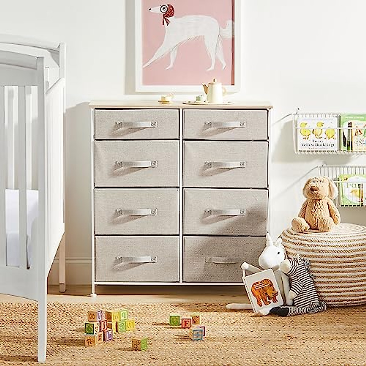 mDesign Tall Steel Frame/Wood Top Storage Dresser Furniture Unit with 8 Slim Removable Fabric Drawers, Large Bureau Organizer for Bedroom, Living Room, Closet - Lido Collection, Linen/Tan, Pack of 1