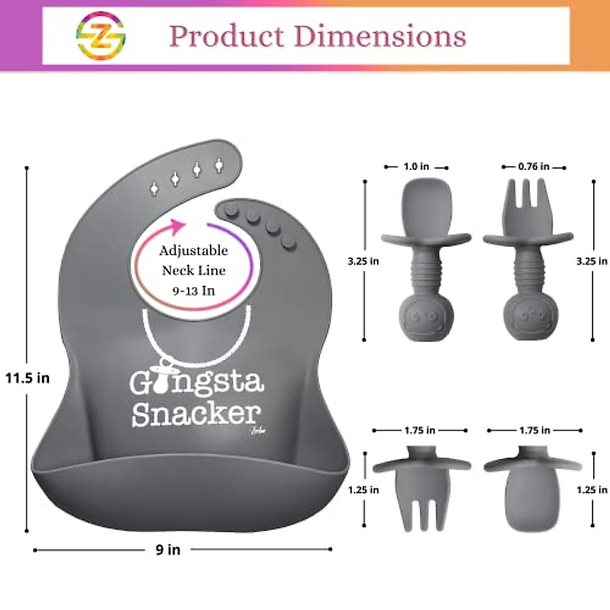 Funny Bibs, Baby Snacker Bib Set, Silicone Baby Feeding Set, Silicone Bib, Teething Utensils, Baby Shower, Toddler Self Feeding Set, Stage One, Unisex (Grey)