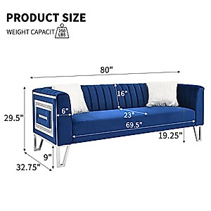 CALABASH 3-Seater Sofa with Mirrored Side Trim with Faux Diamonds and Metal Legs, Channel Tufted Velvet Couch with 2 Pillows (Blue, 3 Seater Sofa)