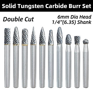 10pcs Carbide Burr Set 1/4 Inch Shank, Head Dia 6mm Die Grinder Bits, Double Cut Solid Tungsten Rotary Files for Steel and Wood Working, Grinding, Carving, and Engraving