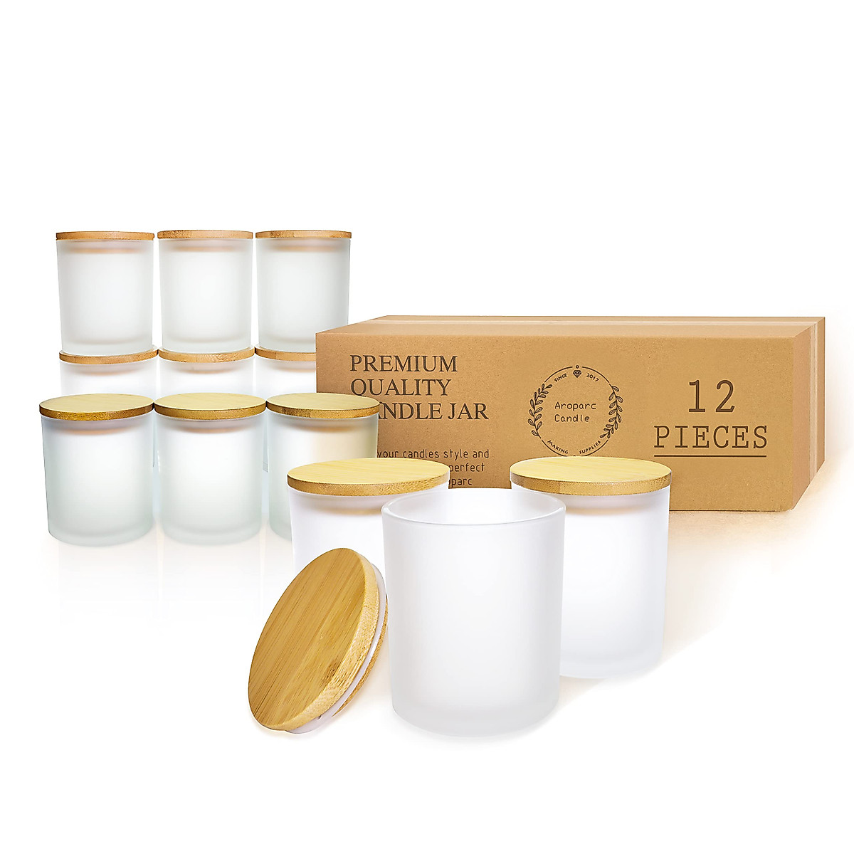 12 Pack Glass Candle Jars for Making Candles, 10 OZ Empty Candle Tins with Bamboo Lids, Bulk Clean Candle Containers Wholesale Candle Glass - Dishwasher Safe, Frosted