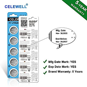 CELEWELL CR1220 5-Pack 3V Lithium Battery 40mAh for LED Light/Bracelet/Flashlight【5-Year Warranty】