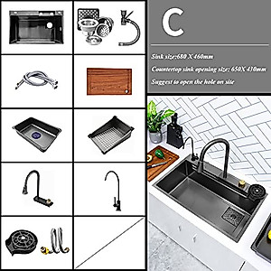 IXOAKQ Undermount Kitchen Sink Waterfall Matte Black Topmount Single Bowl 304 Stainless Steel Basin Kitchen Bath Fixtures with Integrated Ledge and Accessories, 68x46cm (Black)