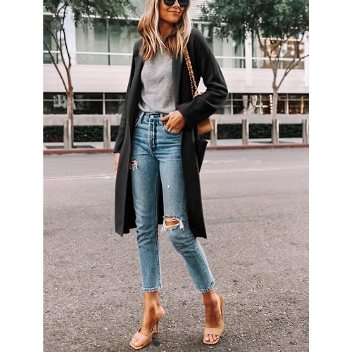 Yousify Women's Open Front Knit Cardigan Long Sleeve Lapel Casual Solid Classy Sweater Jacket Black XXL